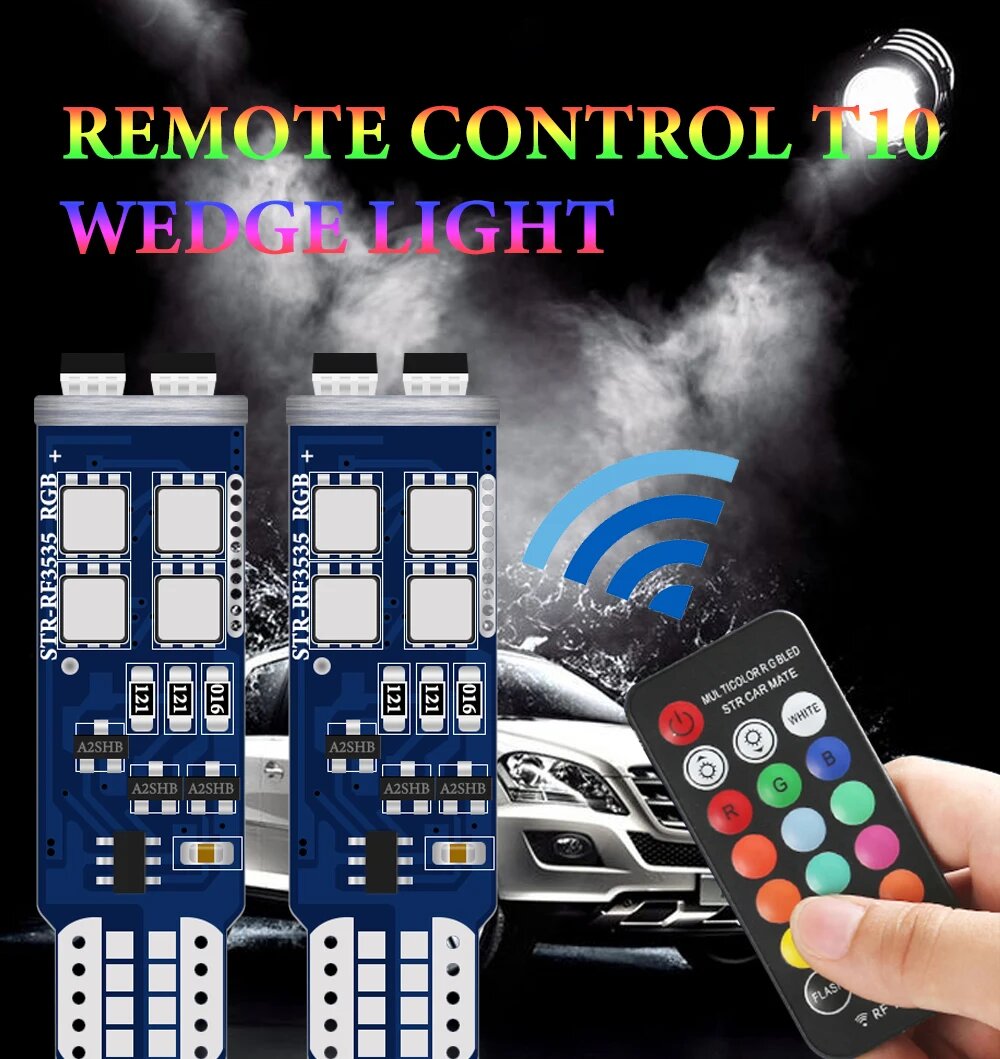T10 RGB W5W Led 194 168 Canbus Габаритные фонари для автомобиля led 10SMD с пультом дистанционного управления вспышкой/стробоскопической лампой клиновидный светильник для чтения 12 В