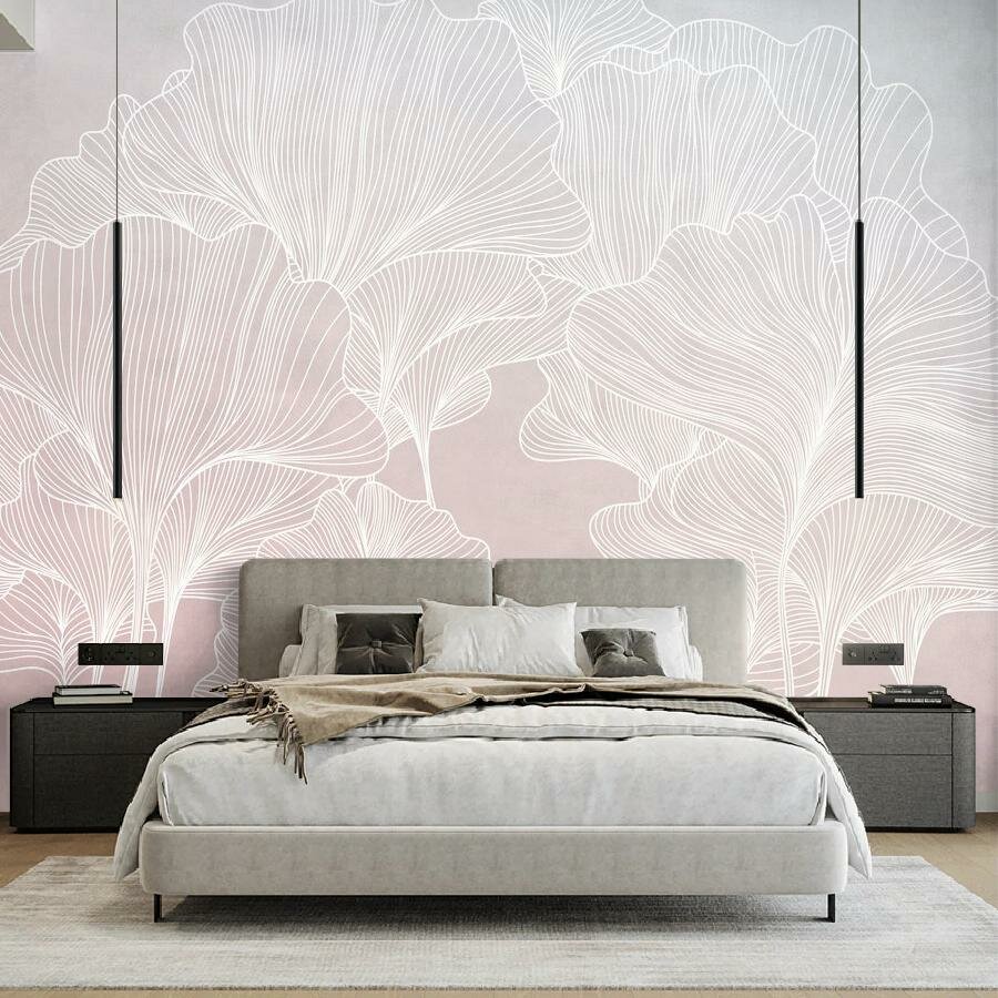 Фотообои Гинкго листья на розовом градиенте 14-954-M-Песок 270 x 300 см (ВхШ) Метровые, флизелиновые, влагостойкие обои
