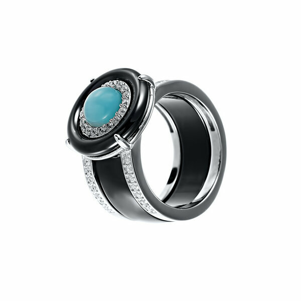 Кольцо наборное, широкое, серебро, 925 проба, родирование, стекло, циркон, керамика