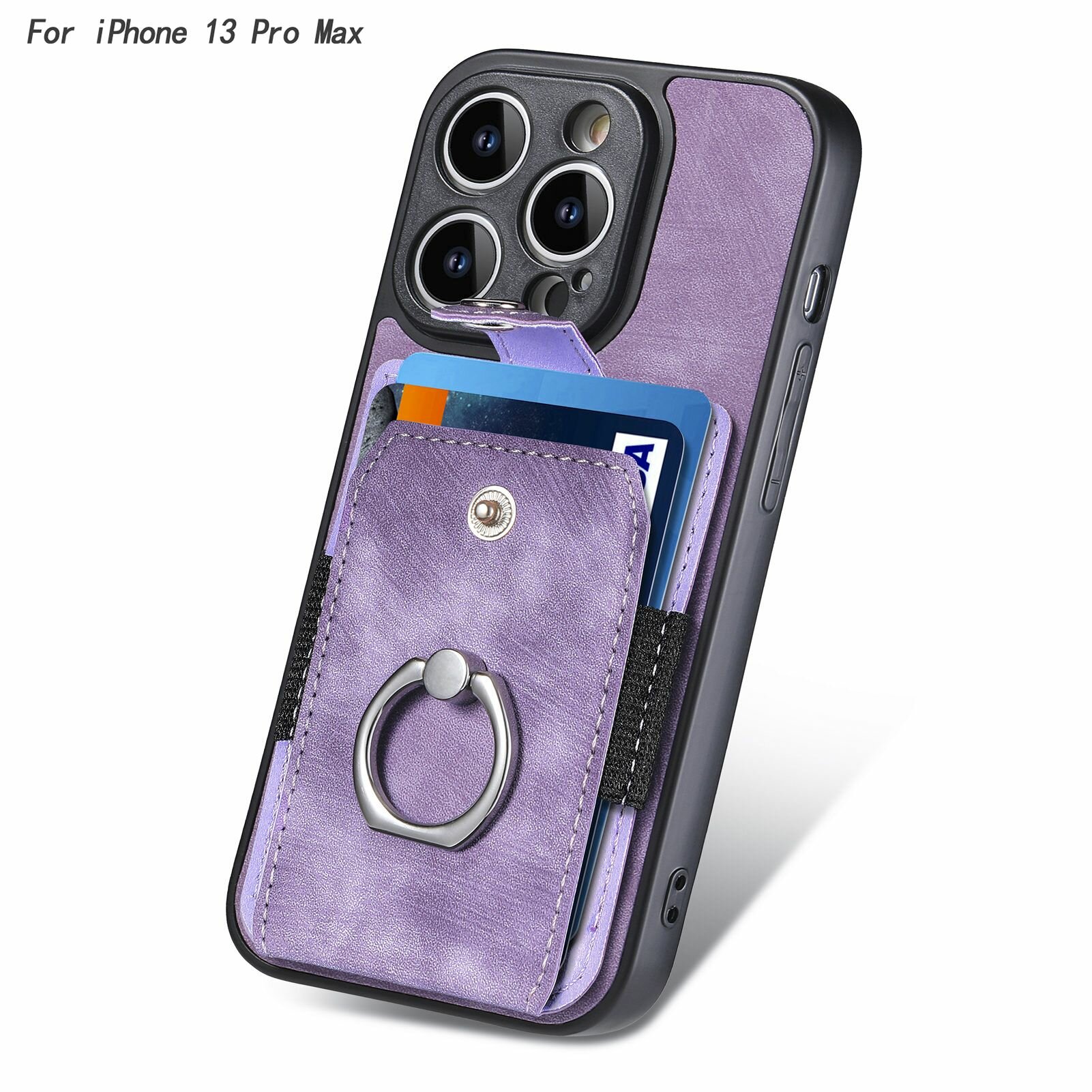 Чехол с кольцом для iPhone 13 Pro Max / Чехол с карманом для карт на айфон 13 Про Макс c защитой камеры / противоударный / подставка / с картхолдером /Фиолетовый