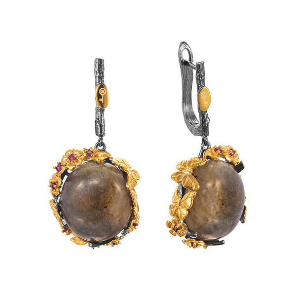Серьги ELEMENT47, серебро, 925 проба, лабрадорит, родолит