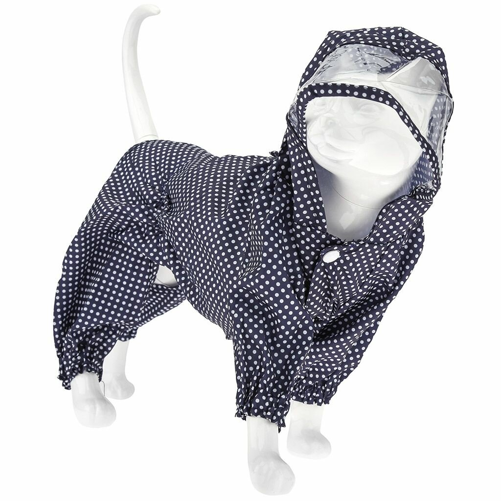 Комбинезон для собаки Pet Toys "Горошек", прозрачный козырек, М, длина 26 см, обхват груди 38 см, шеи 30 см, темно-синий