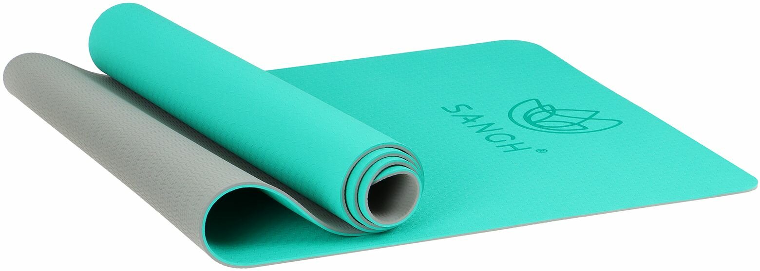 Коврик для йоги Sangh нескользящий водонепроницаемый, размер 83х61 см, толщина 0,6 см, материал TPE, цвет мятный/серый