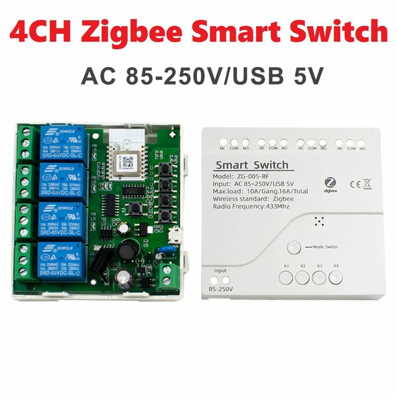 4-канальный модуль умного переключателя Tuya Zigbee, 85-250 В, реле, домашний пульт дистанционного управления, работает со шлюзом для Alexa