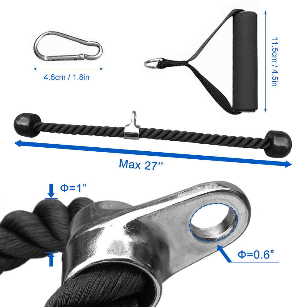 Набор из 7 тренировочных тяговых канатов с карабинами и ручками для трицепса, 27 дюймов, с сумкой для переноски для спортзала и дома