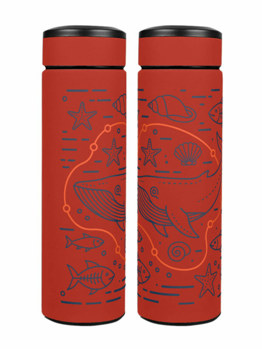 Термос «Рыбы, кит, ракушки и океан. Абстракция для рыбака» (красный)