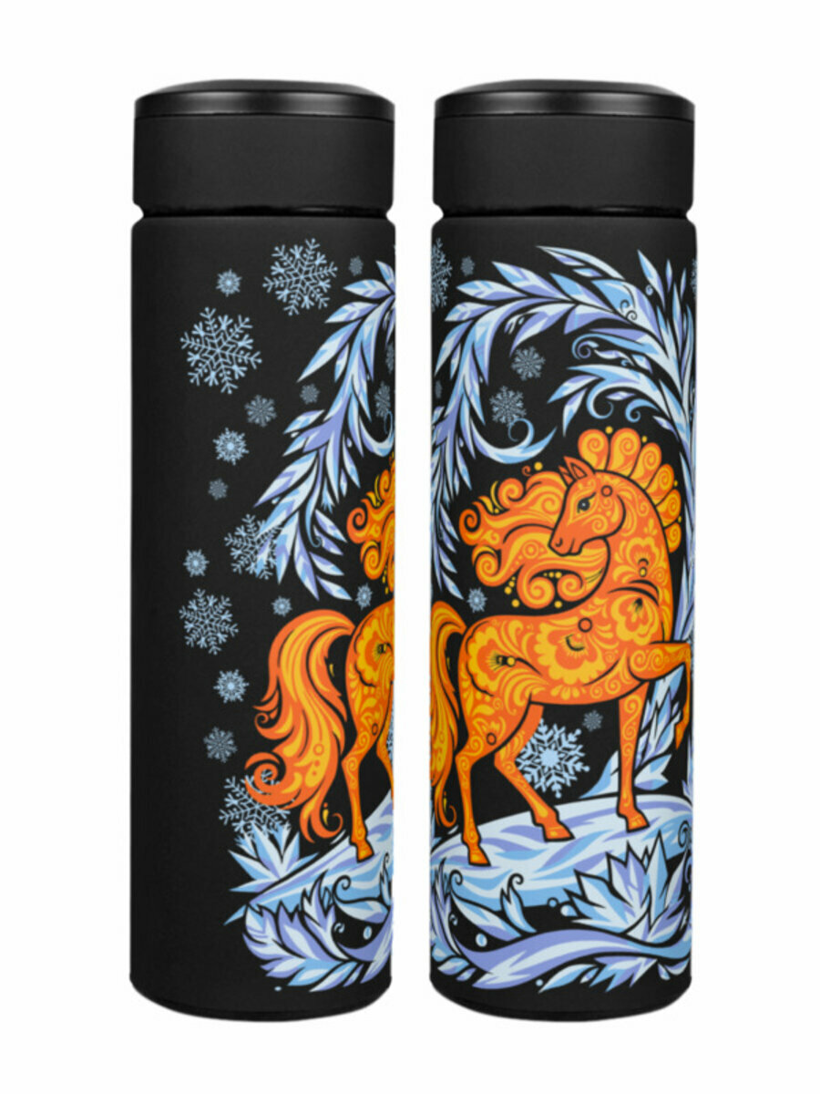 Термос «огненная лошадь 2026 символ года 2026 новогодняя» (черный)