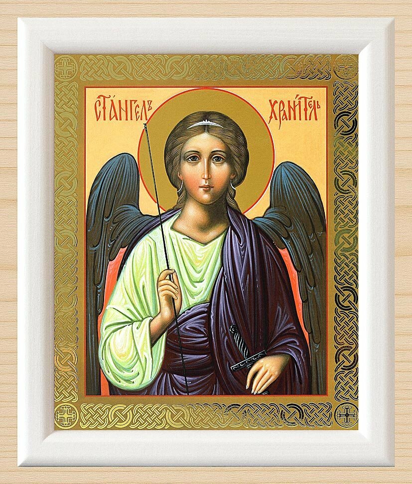 Ангел Хранитель (лик № 005), икона в белой деревянной рамке 17,5*20,5 см