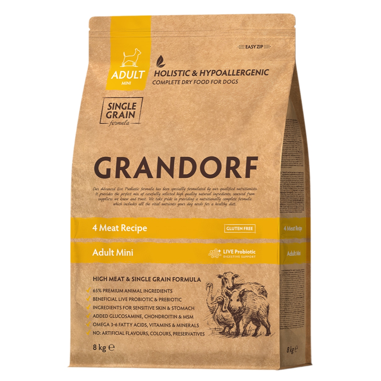 Сухой корм Grandorf Adult Mini для взрослых собак мелких пород, 4 вида мяса 8 кг