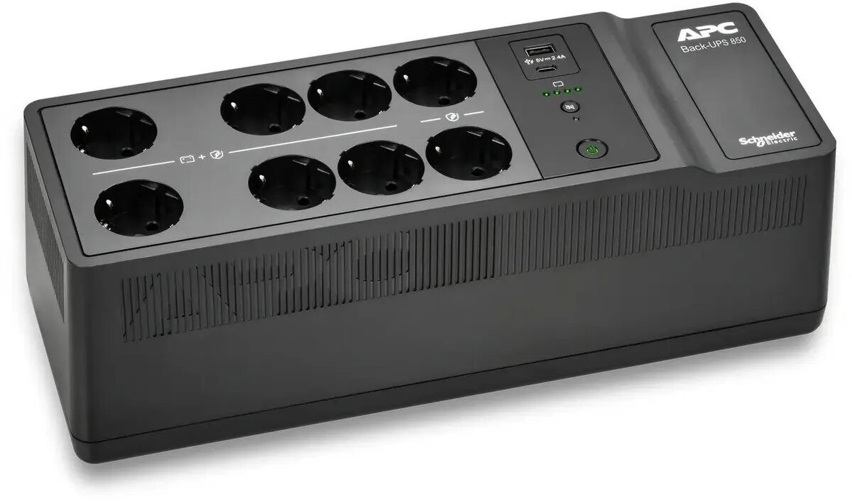 Источник бесперебойного питания APC Back-UPS ES 850VA/520W, 230V, 8 Schuko (2 Surge & 6 batt.), USB, USB charge(type A, C), Data/DSL protect,(BE700G-RS, BE850G2-GR analogue), 1 year warranty