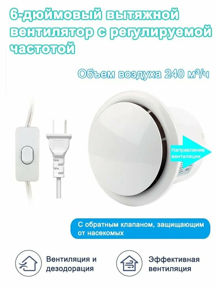 6-дюймовый вытяжной вентилятор с регулируемой частотой, бесшумный, Канальный настенный вентилятор воздушного потока для ванной и туалета, водонепроницаемый,150 мм, Энергосбережение