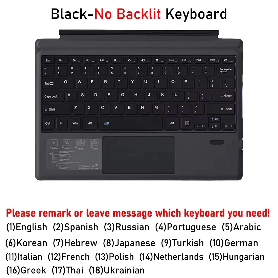 Беспроводная Bluetooth-клавиатура с подсветкой для Microsoft Pro 3 4 5 6 7 7Plus, Black-No Backlit