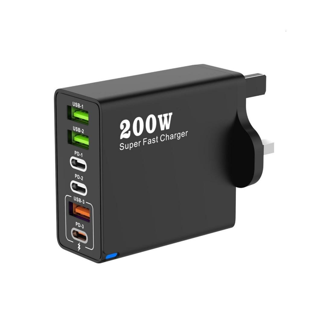 6-портовый USB-C-зарядный адаптер 200 Вт, Черный - UK