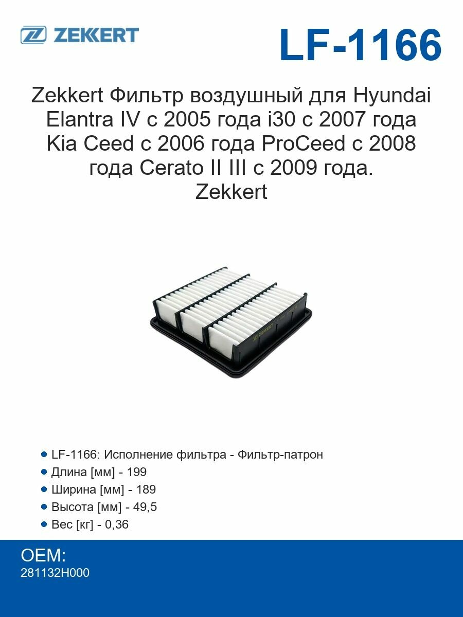 Zekkert Фильтр воздушный для Hyundai Elantra IV с 2005 года i30 с 2007 года Kia Ceed с 2006 года ProCeed с 2008 года Cerato II III с 2009 года. Zekkert