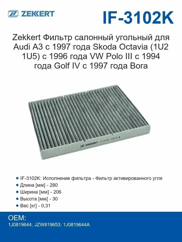 Zekkert Фильтр салонный угольный для Audi A3 с 1997 года Skoda Octavia (1U2 1U5) с 1996 года VW Polo III с 1994 года Golf IV с 1997 года Bora