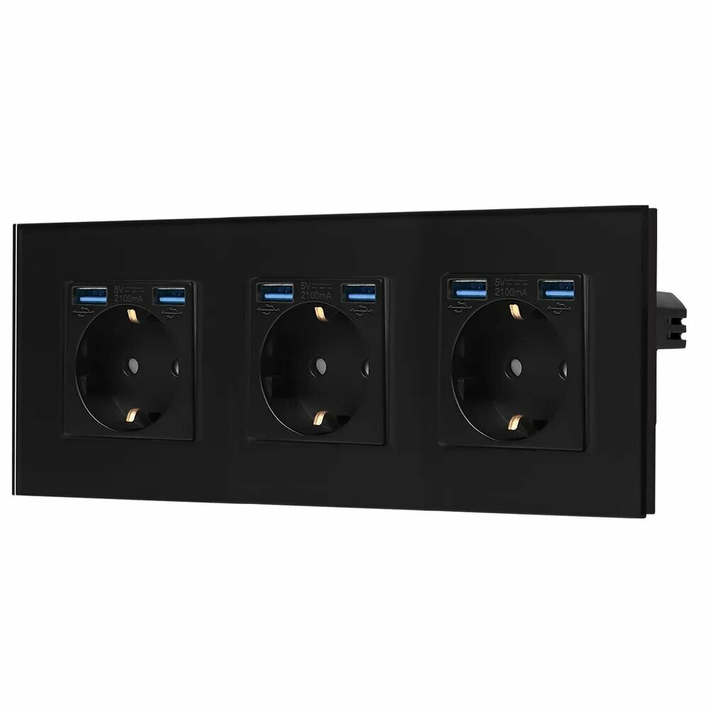 Розетка с usb встраиваемая 3-стойка 16А + 2 USB на 2,1А в стеклянной черный рамке для стандартного круглого подрозетника,1шт