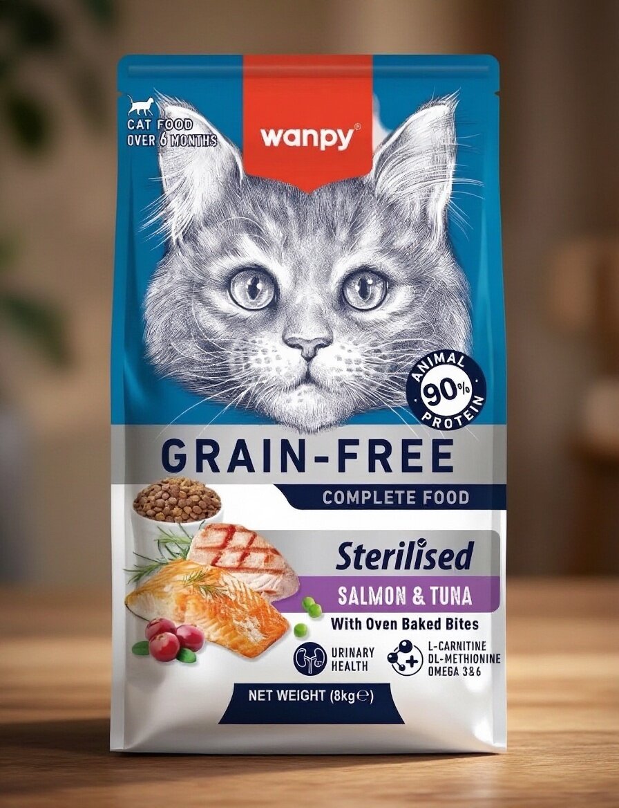 Сухой корм Wanpy Cat беззерновой с лососем и тунцом для стерилизованных кошек, 8 кг