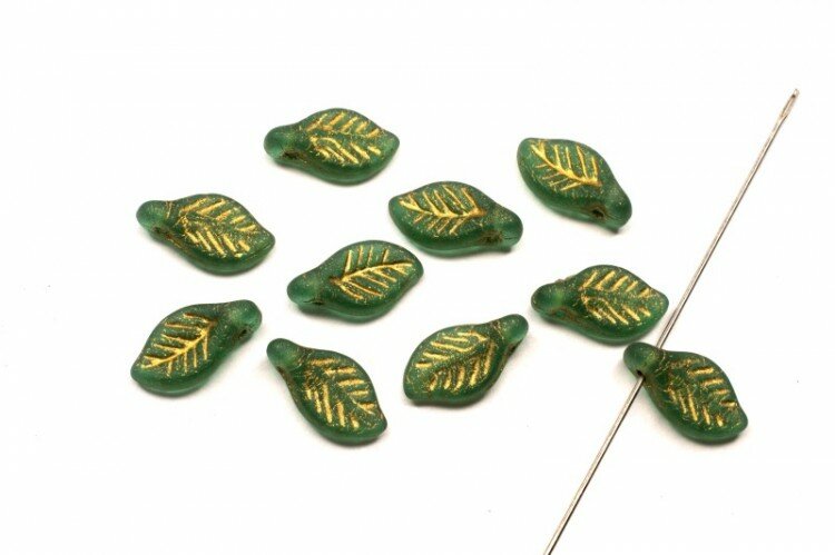 Бусина Листочек 12х6х3мм, цвет 50720/84100/54302 изумрудный с золотом, прозрачная, 735-172, 10шт