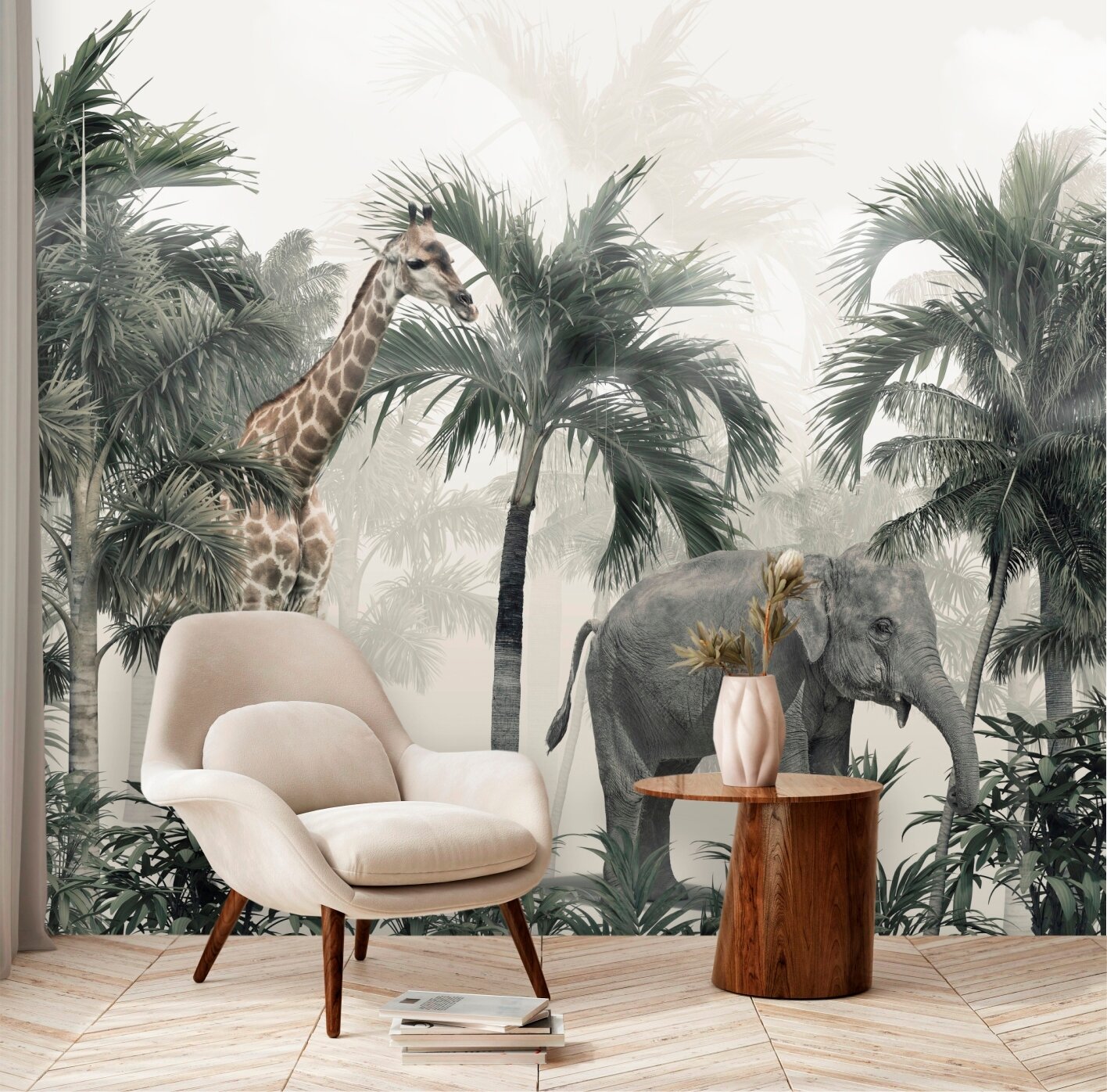 Фотообои "Слон и жираф в джунглях" 300*260 см для спальни, гостиной, детской