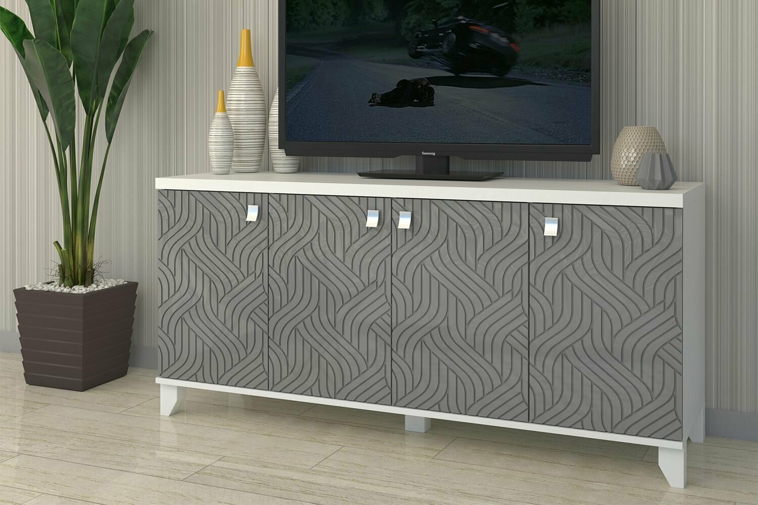 Комод Ренди 30 150х40х60 фасад МДФ с фрезеровкой Кобальт DM7038, корпус белый, ножка №3