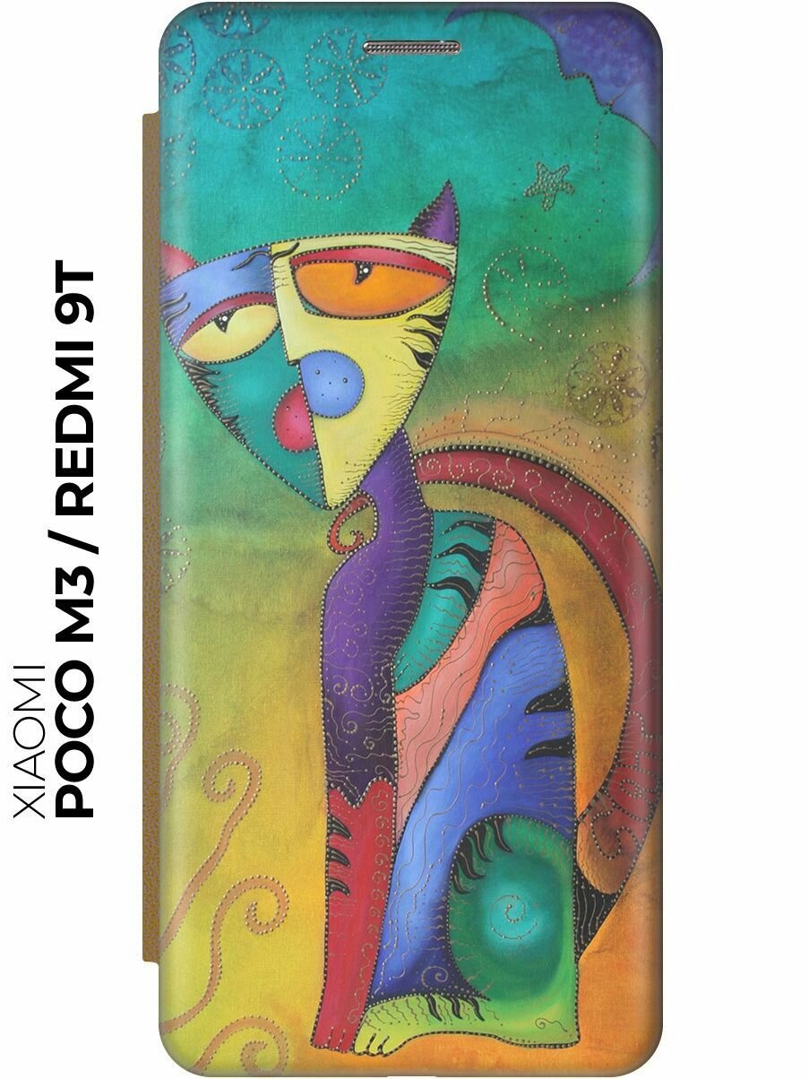 Чехол-книжка Разноцветный котик на Xiaomi Redmi 9T / Poco M3 / Сяоми Поко М3 / Сяоми Редми 9Т золотой