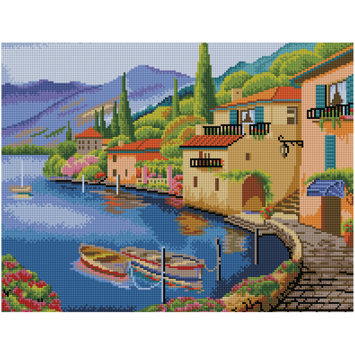 Алмазная мозаика ТРИ совы "Город у моря", 40*50см, холст на деревянном подрамнике, картонная коробка с пластиковой ручкой