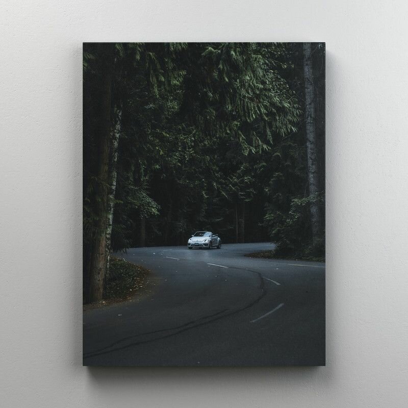 Интерьерная картина на холсте "Автомобиль Volkswagen жук в лесу Канады" размер 22x30 см