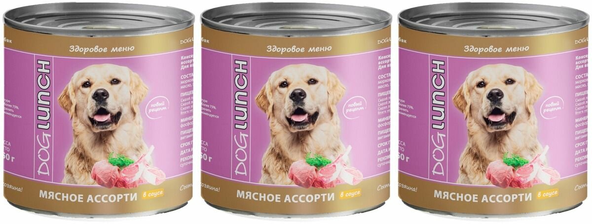 Dog Lunch Консервированный корм для собак , мясо в соусе, 750г, 3 уп.