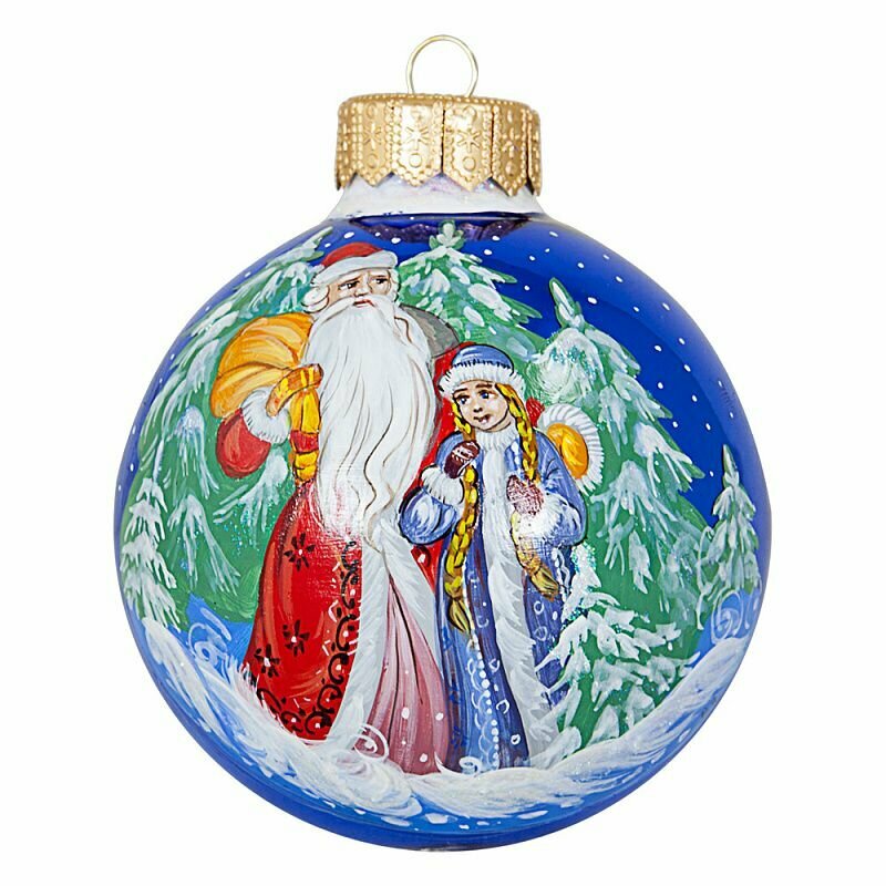 Ёлочный шар ручной работы 100 мм "Дед Мороз и Снегурочка" в стиле палех