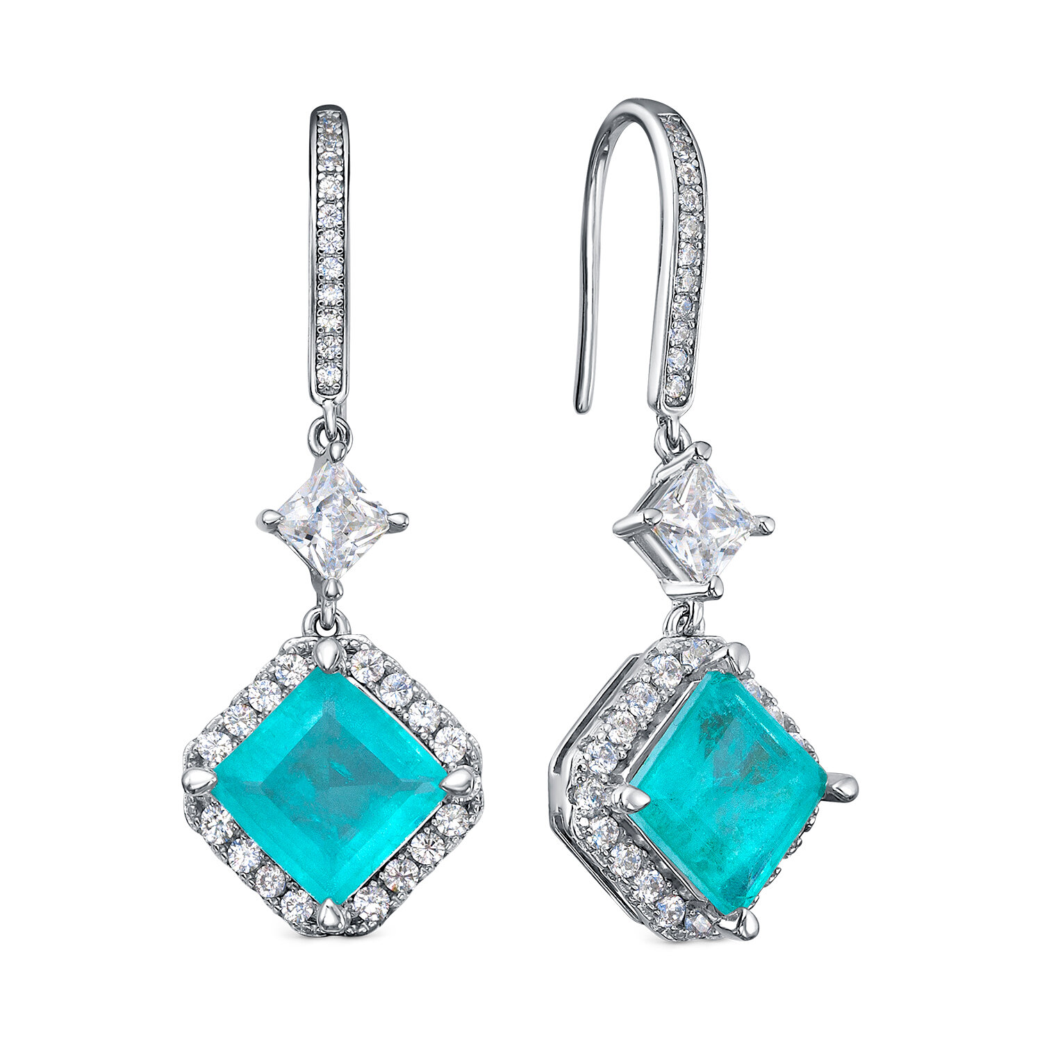 Серьги с подвесками, серебро, 925 проба, родирование, фианит