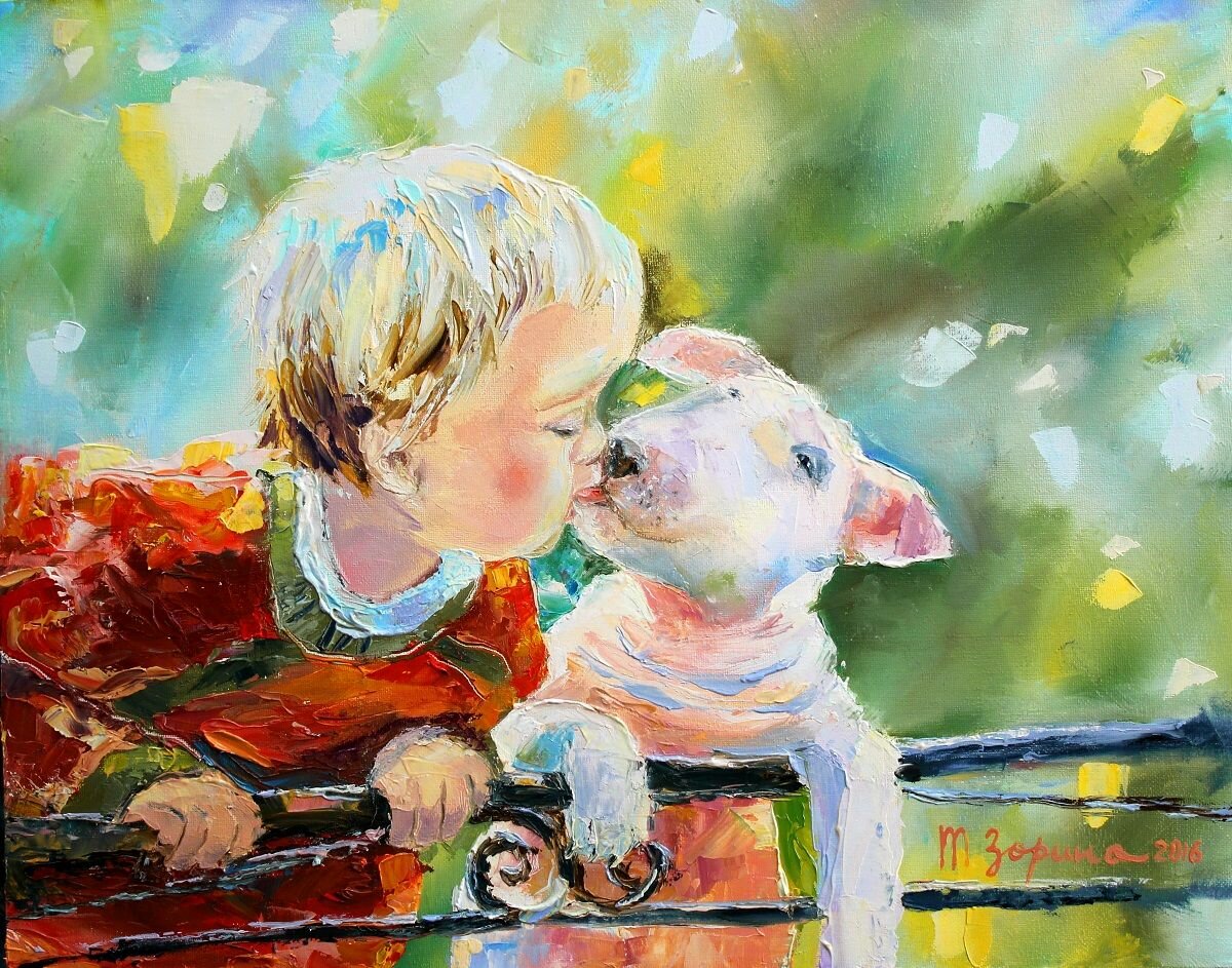Картина маслом Поцелуй, Дети, собака, летний пейзаж 40*50 см х. м. художник Татьяна Зорина