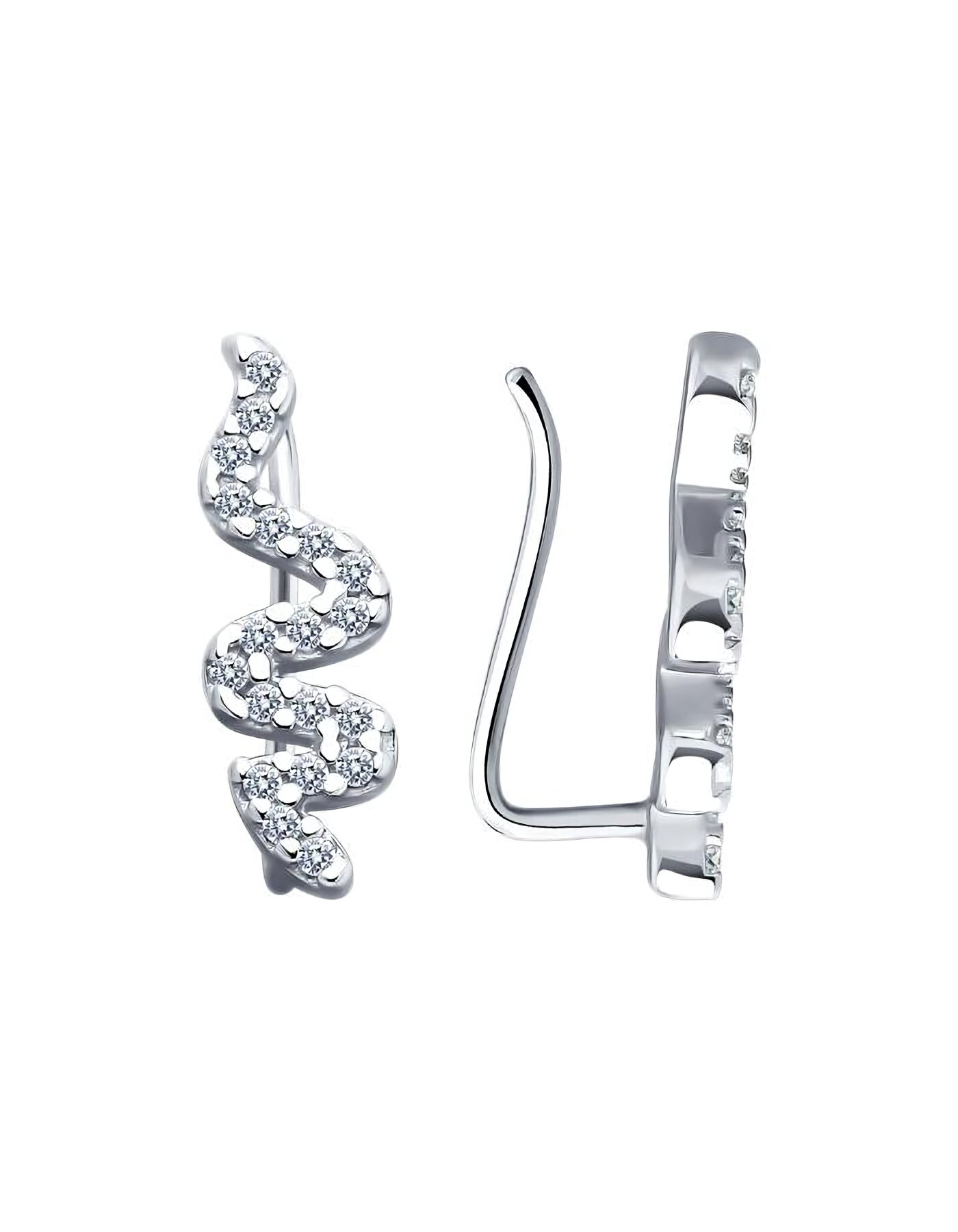 Серьги каффы, серебро, 925 проба, родирование, фианит