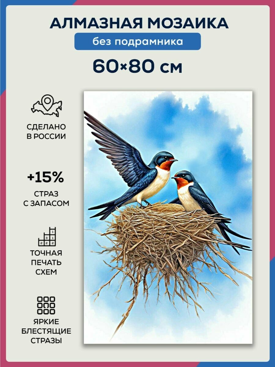 Алмазная мозаика 60x80 Ласточки в гнезде без подрамника