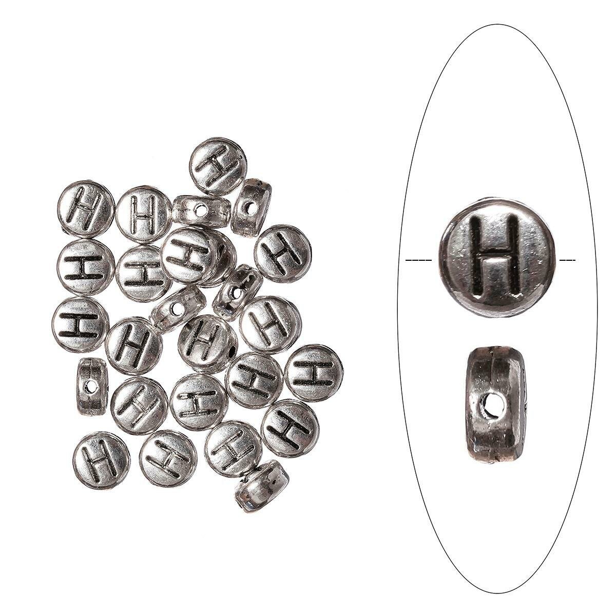 Бусина металлическая, 7х4мм, буква H, базовый материал - цинковый сплав, серебристая с чернением, 10 шт.