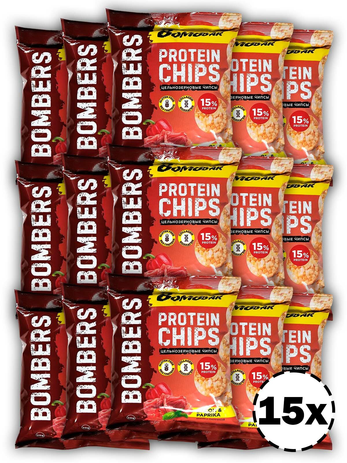 Чипсы BombBar Protein Chips 15 x 50 г, Бекон с паприкой