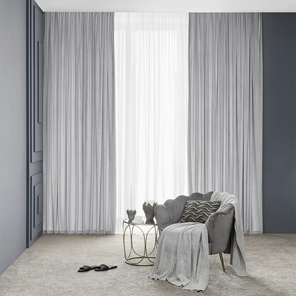 Togas Шторы для комнаты комплект "Алессио" бархат, димаут, 275 высота на 260 ширина, светло-серые