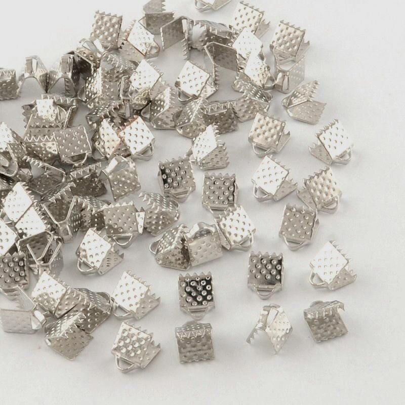 Концевики, 7х6мм (ширина 6мм), зажимы для ленты, текстурированные, базовый материал - железо, стального цвета, 5 грамм