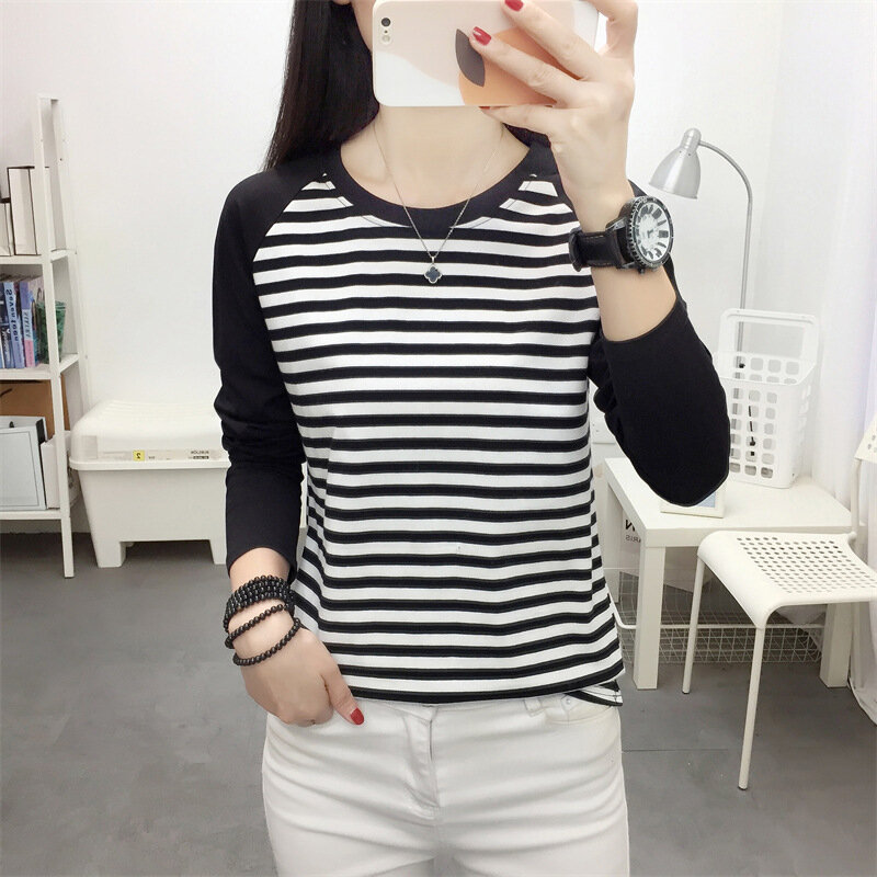 Футболка с длинным рукавом из хлопка свободного кроя для женщин, весенний европейский и американский стиль, базовая футболка, пэчворк, универсальный полосатый топ