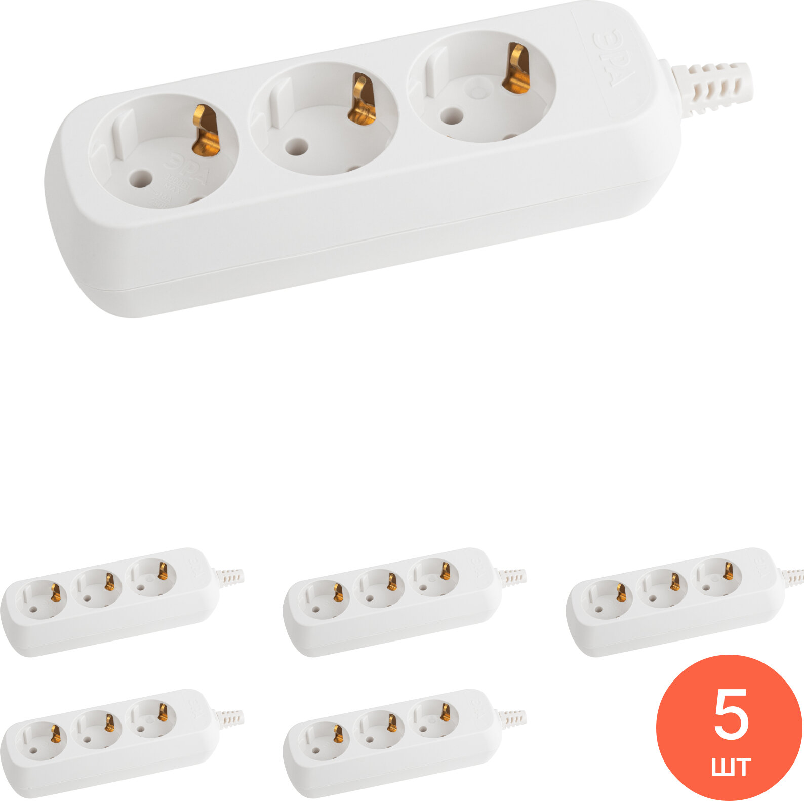 Блок розеток ЭРА KX-3e, 3 гнезда 16А 3500Вт IP20 с заземляющими контактами, белый Б0028338 / колодка электрическая для удлинителя (комплект из 5 шт)