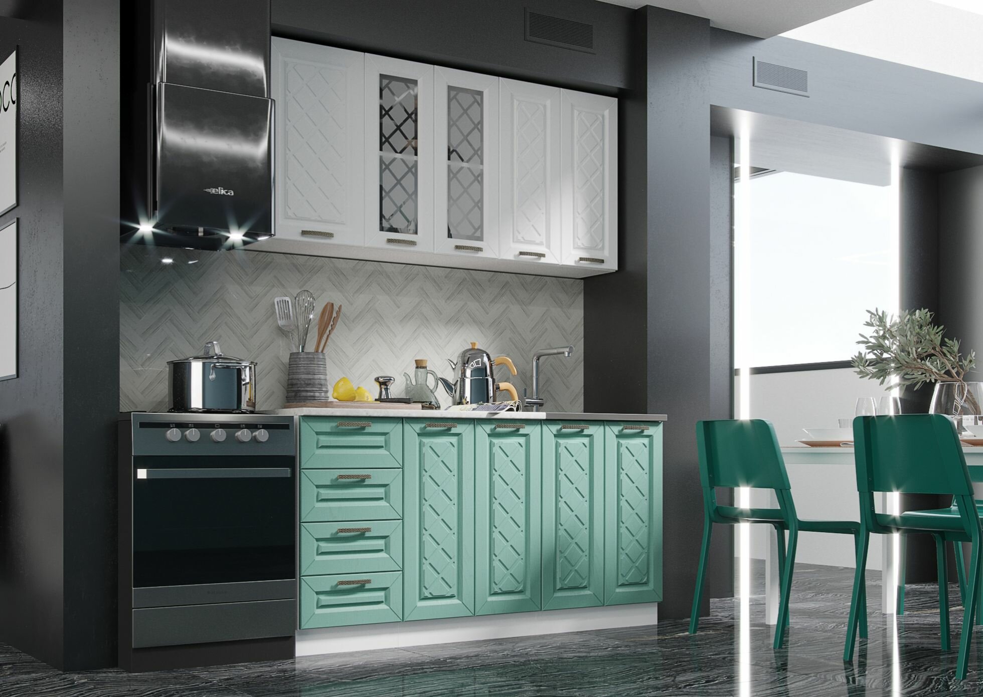 Кухонный гарнитур Агава 1.6 м Акация белая/Мята