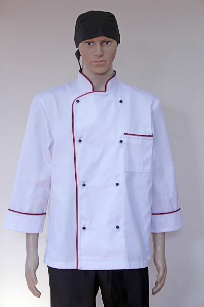 Китель мужской поварской белый с красно-черным кантом на пуклях