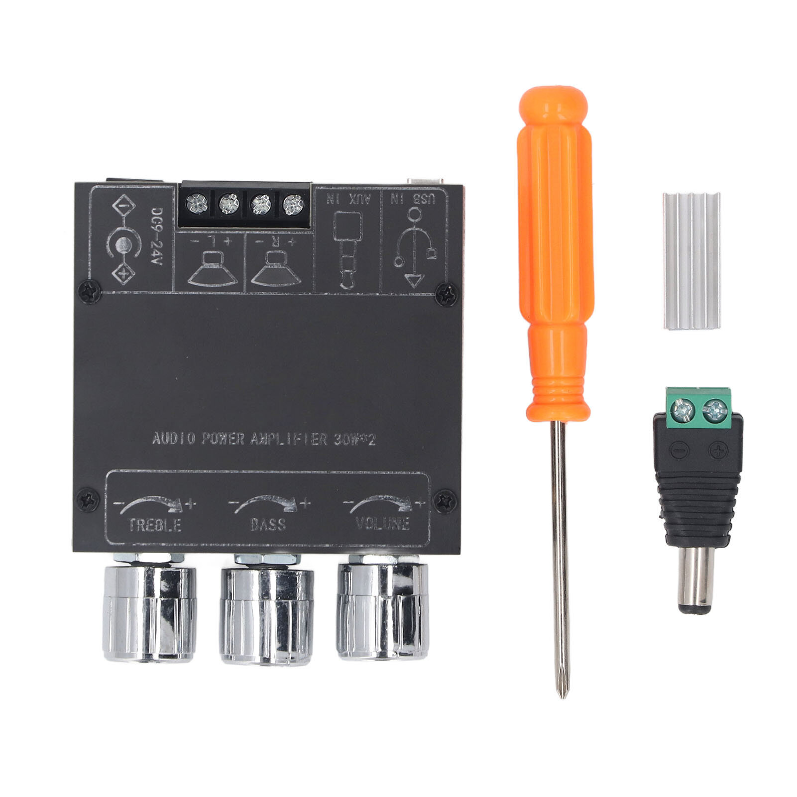 Усилитель мощности звука 2x30 Вт, 2 канала, Bluetooth, AUX, USB вход, регулятор высоких и низких частот.