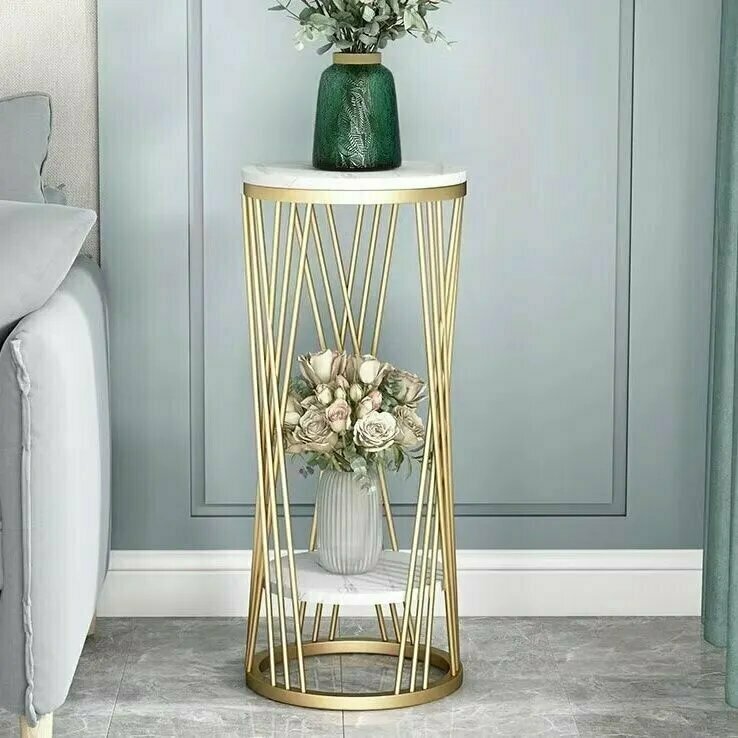 Консоль, искусственный камень, круглая, с полкой, золотистая, 30x30x90 см