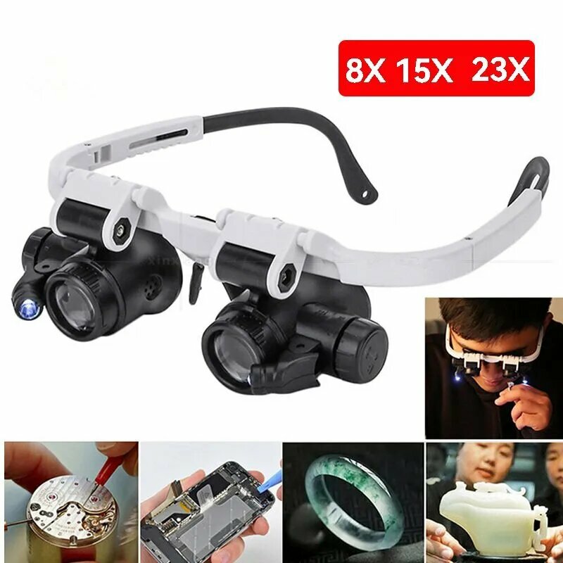 Лупа-очки, наголовное крепление, подсветка, с аккумулятором, 2-х кратная, 8X/15X/23X, белая