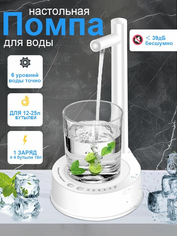 Переносной помпа для воды 19л электрическая, диспенсер для воды настольный,1с на выход воды, белая