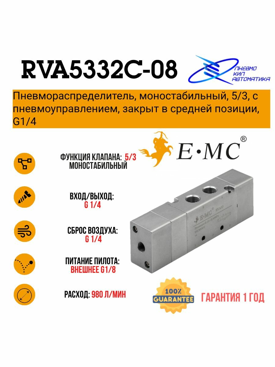 RVA5332C-08 Пневмораспределитель 5/3 с пневмоуправлением закрыт в средней позиции 1/4 E-MC