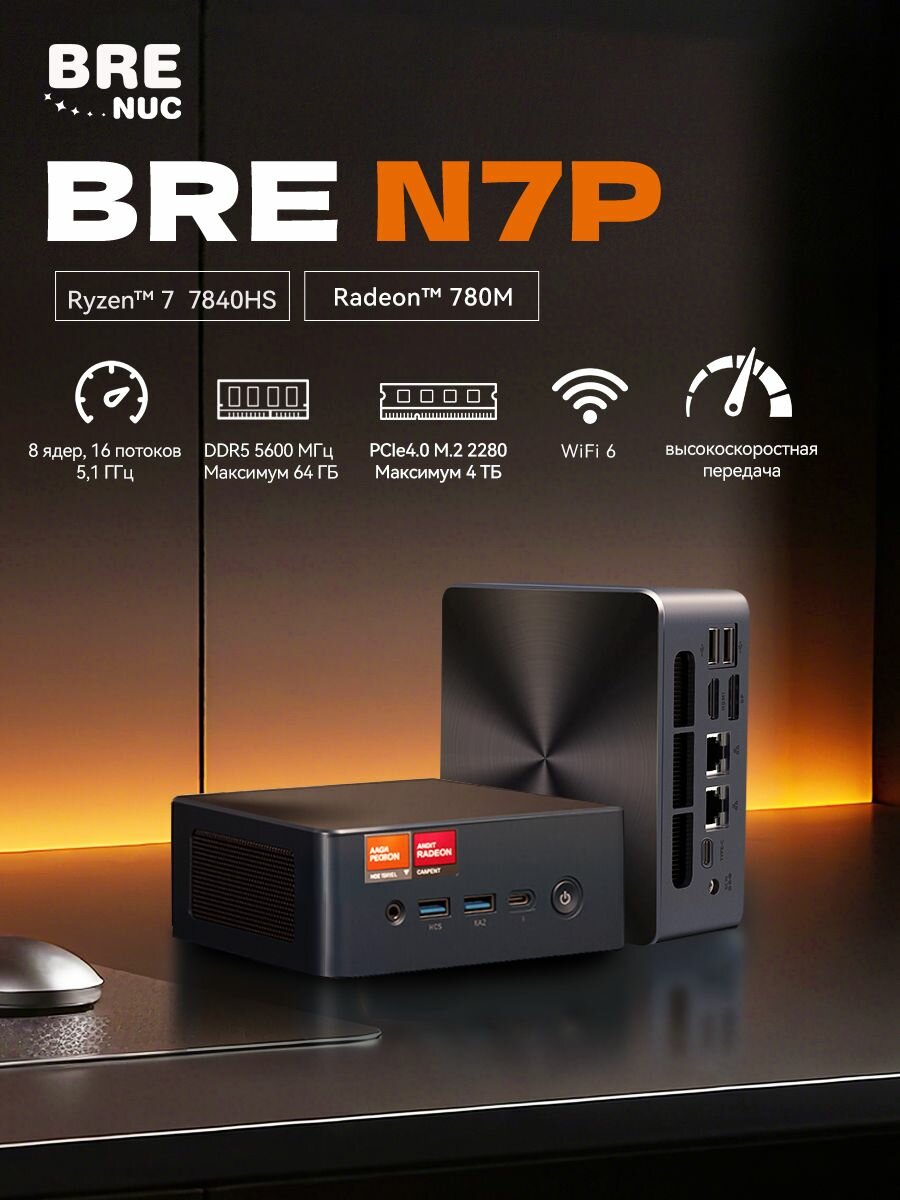 Мини ПК BRENUC N7P AMD Ryzen 7 7840HS, AMD Radeon 780M Graphics, Нет памяти, нет жесткого диска), тёмно-синий