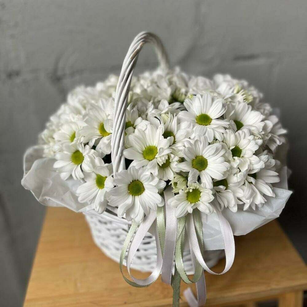 Букет цветов из хризантем ромашек в корзиночке монобукет 7 веточек