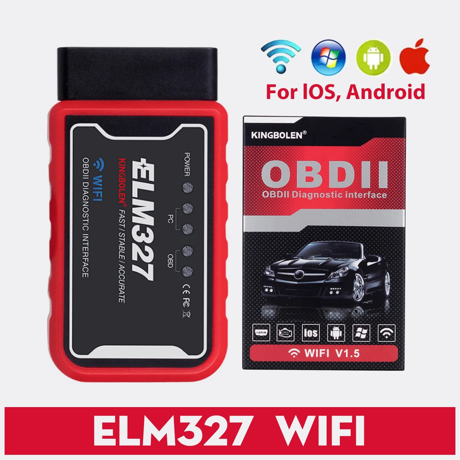 KINGBOLEN ELM327 V1.5 Автомобильный считыватель кодов WiFi ELM 327 PIC18F25K80 Чип OBDII Диагностический инструмент для iPhone/Android PK ICAR2 OBD Scanne