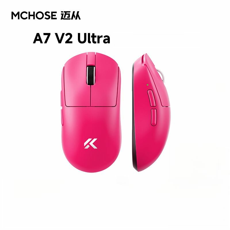 MCHOSE Игровая мышь беспроводная A7 V2 Ultra, сенсор PAW3950 Ti, Частота опроса проводная/беспроводная до 8К(Содержит 8к ресивер для мышек), Проводной/2.4G/BT, розовый